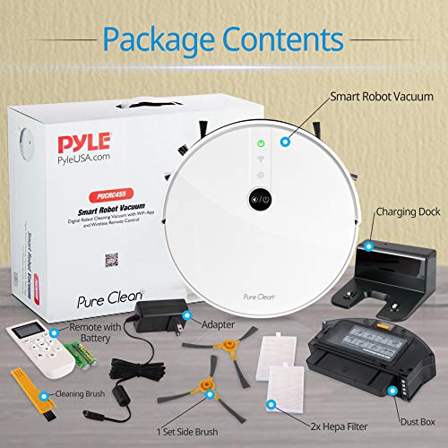 Pure Clean Robotic Vacuum Cleaner - 1100Pa Suction - Wifi Mobile App and Gyroscope Mapping - Ultra Thin 2.9β Height Cleans Carpets and Hardwood Floor - PUCRC455