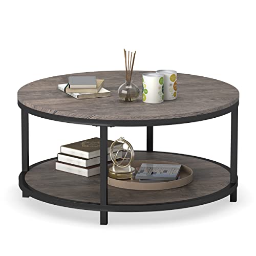 WiberWi Round Coffee Table 35.8" Rustic Vintage Industrial Design Furniture Sturdy Metal Frame Legs Sofa Table Cocktail Table with Storage Open Shelf for Living Room, Easy Assembly, Gray Brown1
