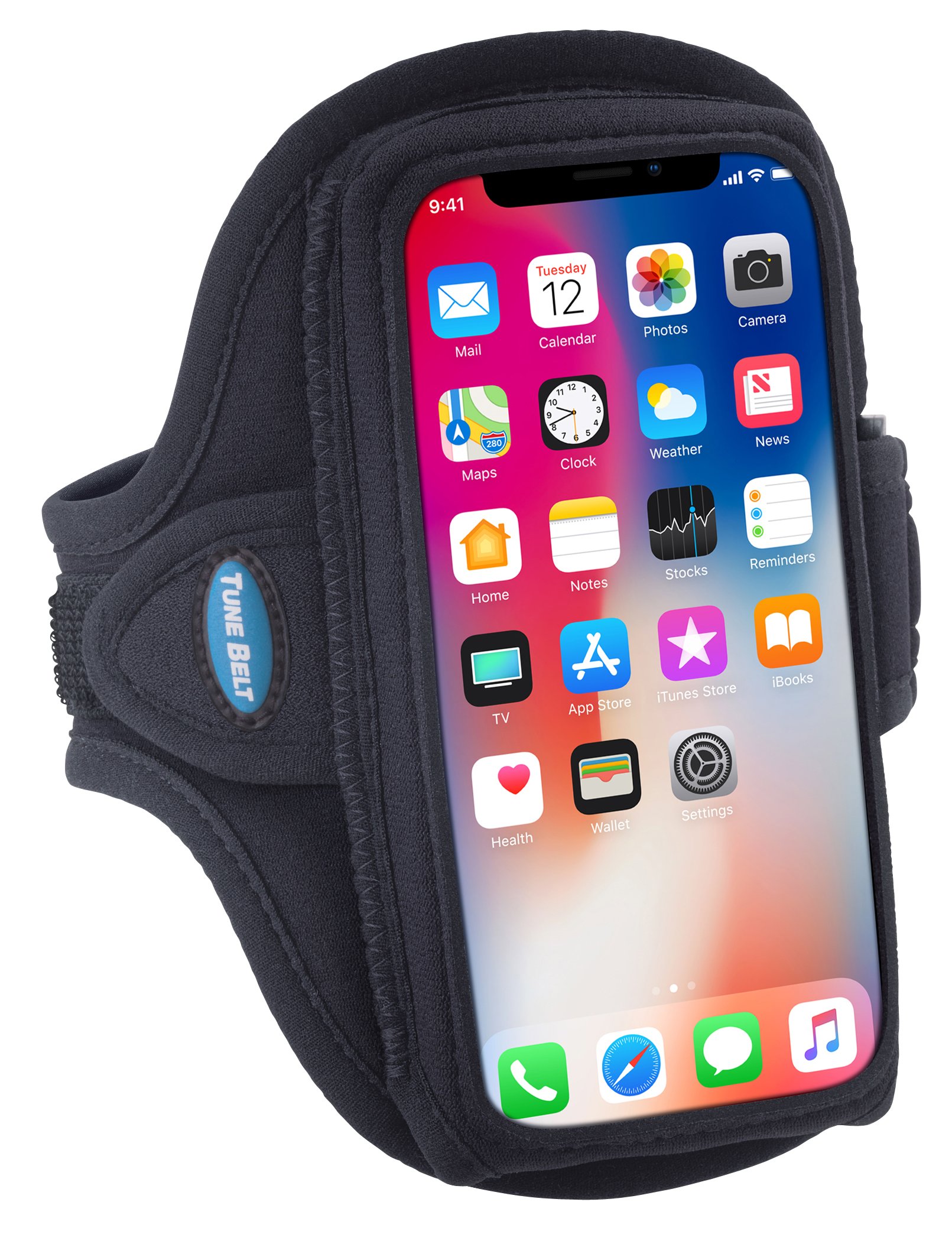 Tune Belt AB90 Cell Phone Running Armband Holder Case for iPhone 13 Mini, 12 Mini, 11 Pro, SE 2020, X XS, Water Resistant Pouch for Exercise and Working Out (Black)