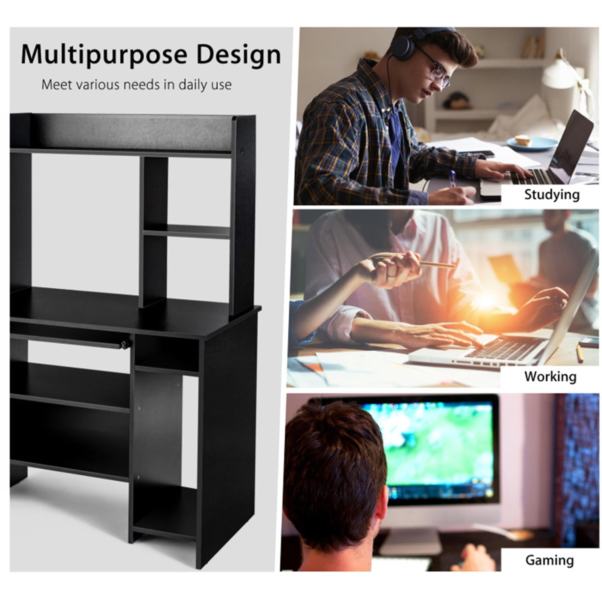 TUOCHUFUN Multipurpose Home Office Computer Writing Desk, Home Office Computer Desk with Bookcase Keyboard Tray and CPU Stand (Black)