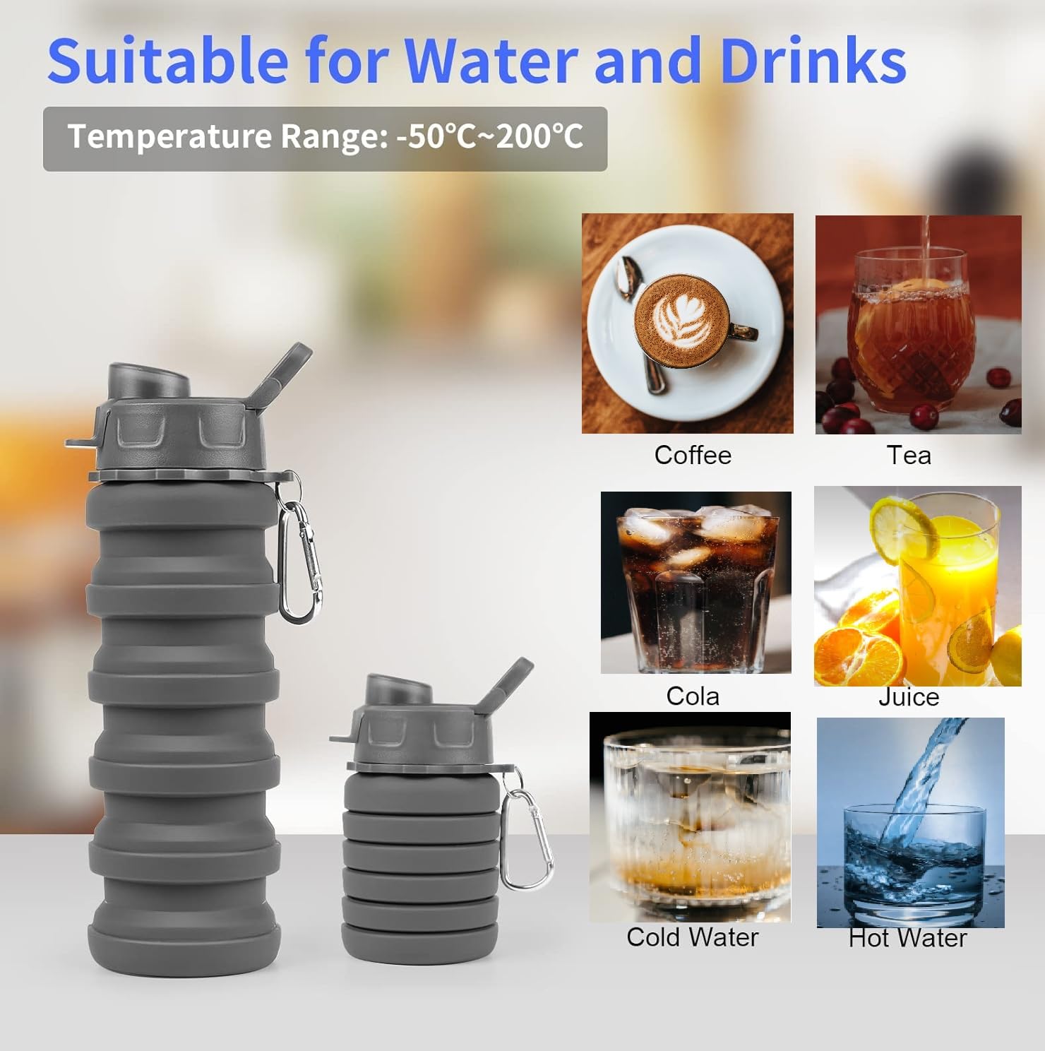 RUEIURI Collapsible Water Bottle, Foldable Cup,500Ml Collapsible Sport Water Bottle Bpa Reusable Travel Water Bottles For Hiking Biking Running Outdoor Gym (Gray(B)+Purple(B))