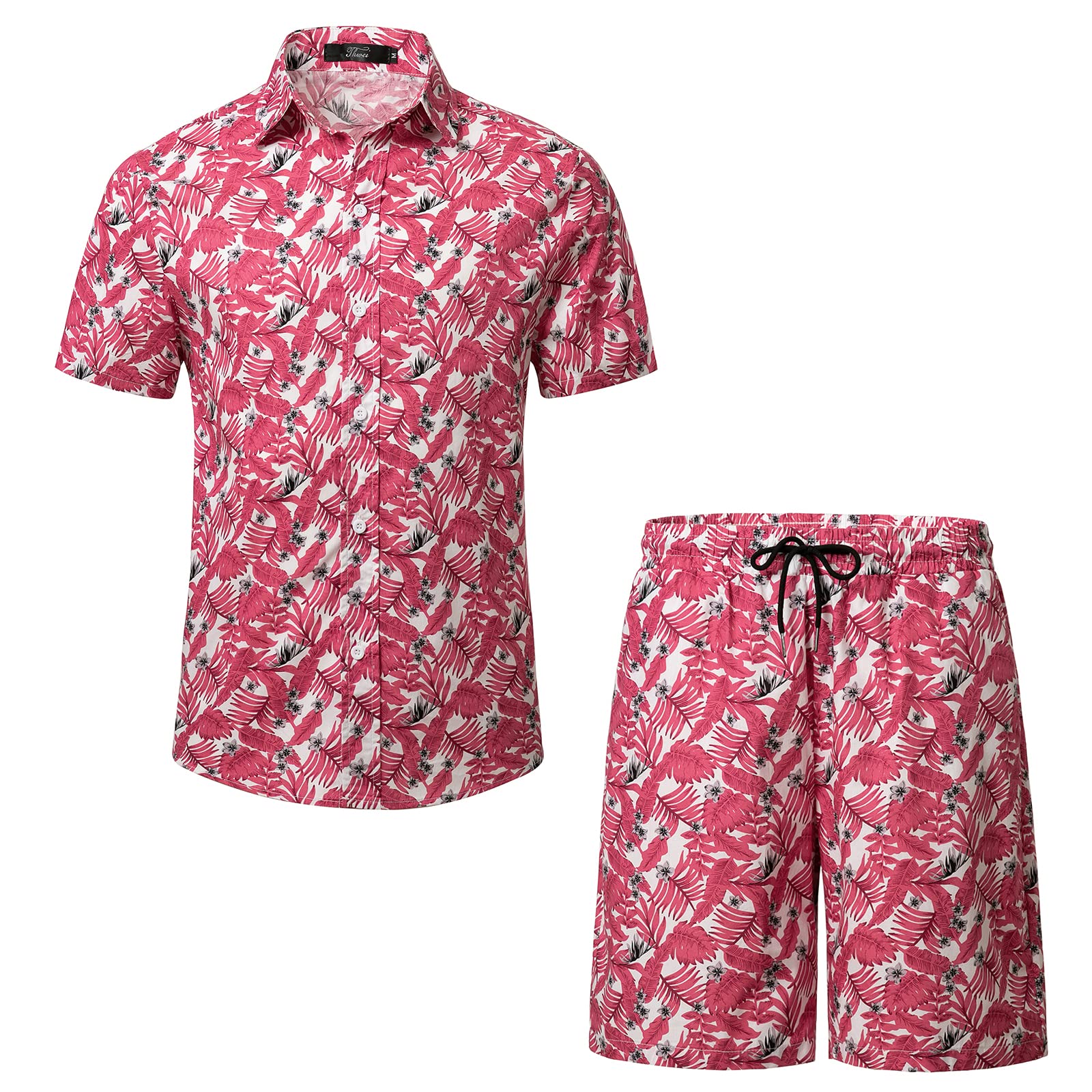 THWEI Mens Hawaiian Matching Set Summer Beach 2 Piece Holiday Outfits Flower Shirts and Shorts Red Leaves 2XL
