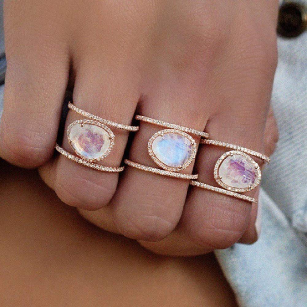 Weishu New Irregular Natural Moonstone Ring Plated in 14k Rose Gold Yellow Gold White Gold Micro-Inset Finger Ring (US Code 10)