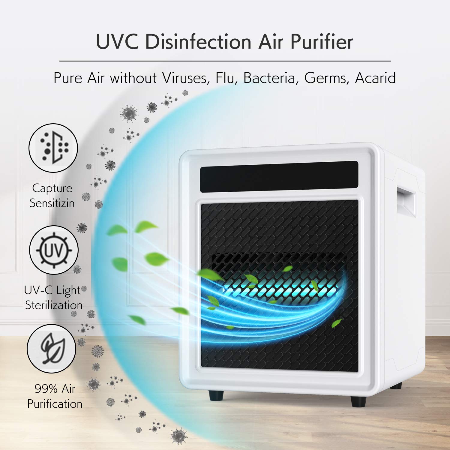 TRUSTECH Air Purifier UV-C Light sanitizer Air Cleaner for Home, Allergies, and Pets Dust Smoke and Mold Remove. Design for Home, Large Room,Bedroom,Office, 322sq.ft Large Coverage with 5 MPH Rate