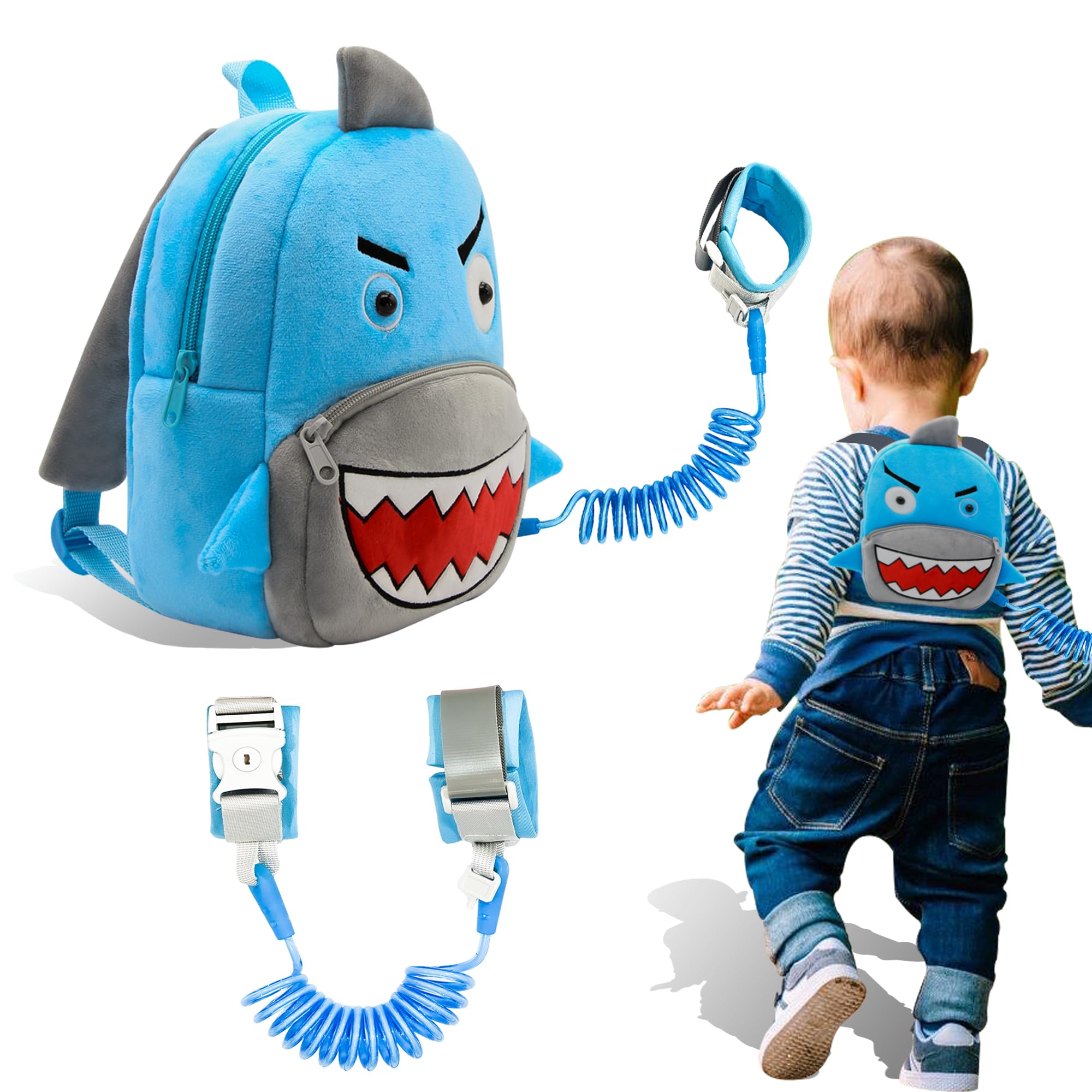 RICHMYC 3 in 1 Toddler Backpack Leash, Baby Harness Anti Lost Wrist Link Cute Cute 3D Child Harnesses Leashes for 1-5 Years Old Baby Boys Girls (Shark)