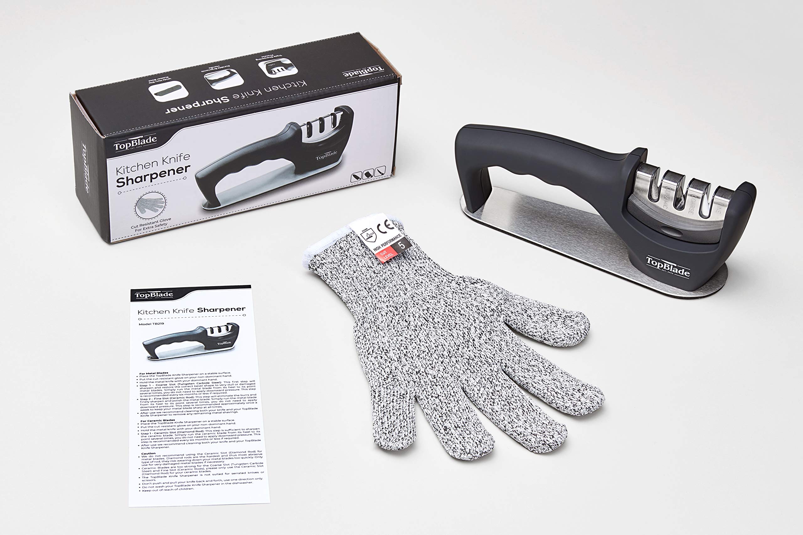 TopBlade 2021 β Upgraded 3-stage Kitchen Knife Sharpener to Restore, Sharpen and Polish Steel & Ceramic Blades β Improved Safety & Stability - Cut Resistant Glove Included