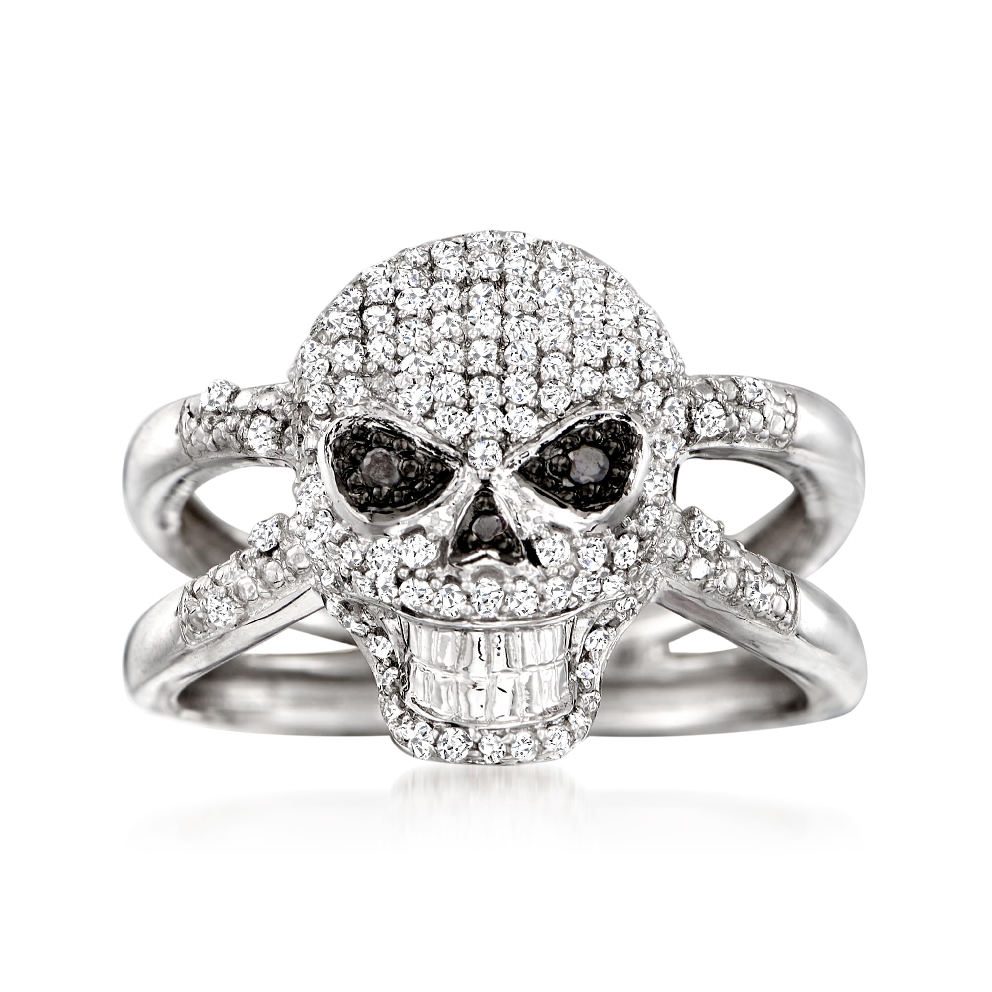 Ross-Simons 0.50 ct. t.w. Black and White Diamond Skull Ring in Sterling Silver. Size 5