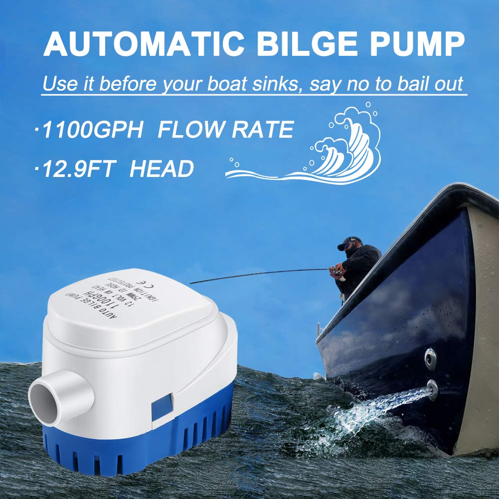 UYGALAXY Boat Bilge Pump with Float Switch 1100GPH 12V 12ft Head Automatic Submersible Water Pump with Hose Clamps