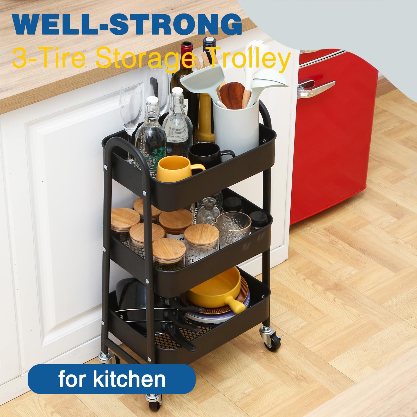 WELL-STRONG Metal Storage Trolley - 3-Tier Rolling Cart with Lockable Wheels - Multi-Purpose Utility Cart with Handle - Mobile Shelving Organizer for Bathroom, Office, Kitchen, Bedroom, Garage Black