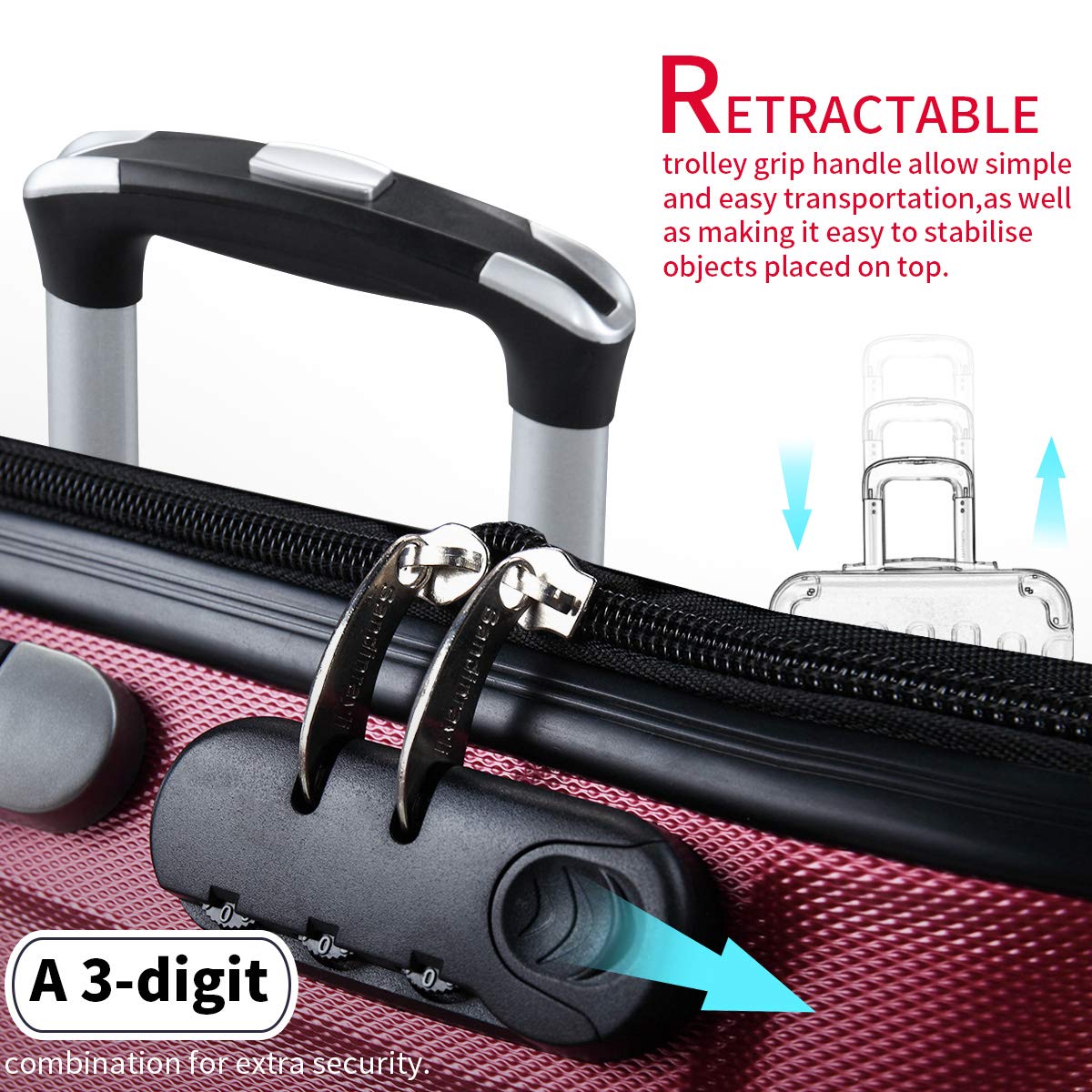 Sandinrayli Hardside Luggage Set, 20" Carry-On, 24" & 28" Suitcase with Spinner Wheel, Lightweight & Durable ABS, Wine Red