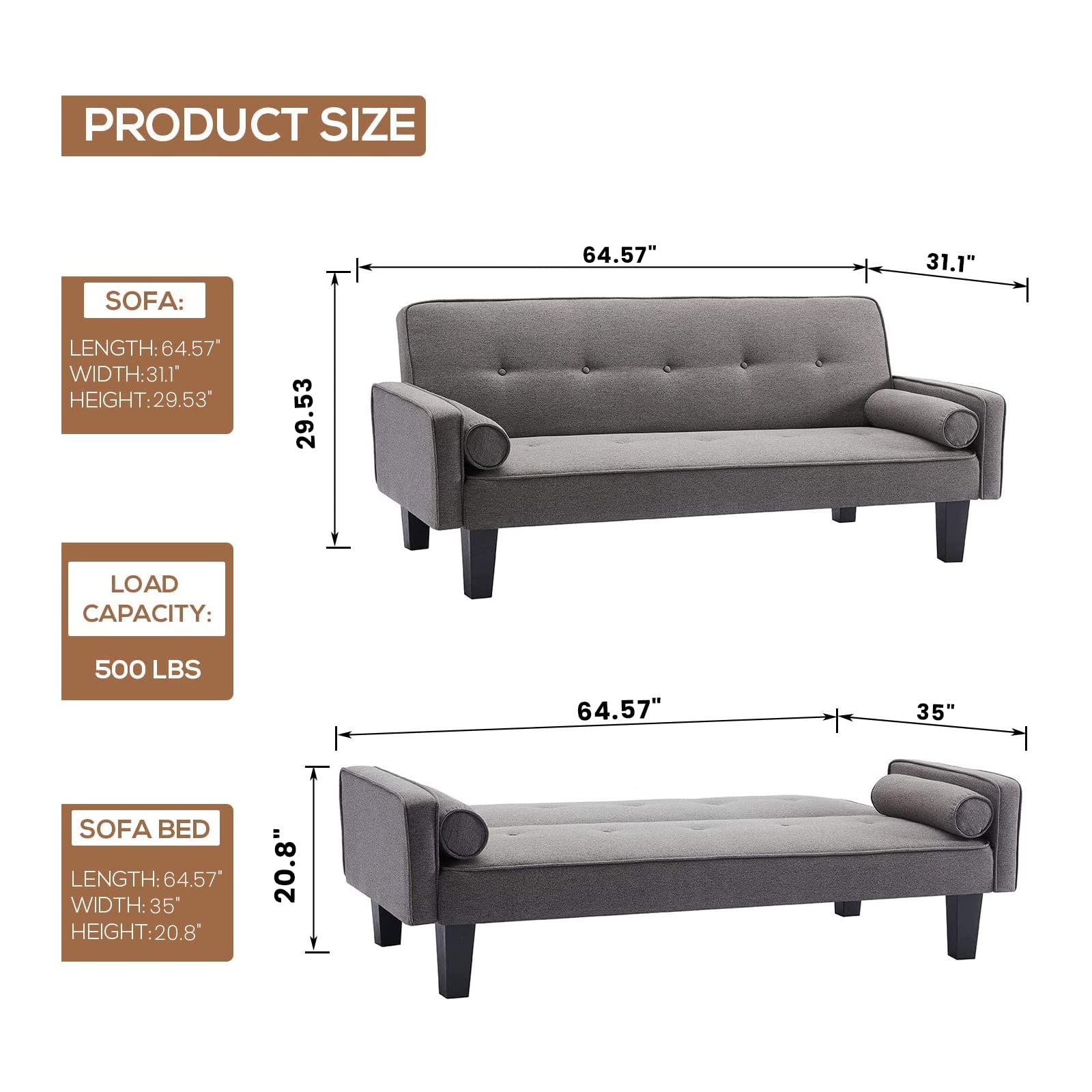 Recaceik Modern Futon Sofa Bed, Convertible Folding Sofa Couch LoveSeat Couch Living Room Folding Sleeper with 2 Pillows Furniture for Small Apartment, Space, Home