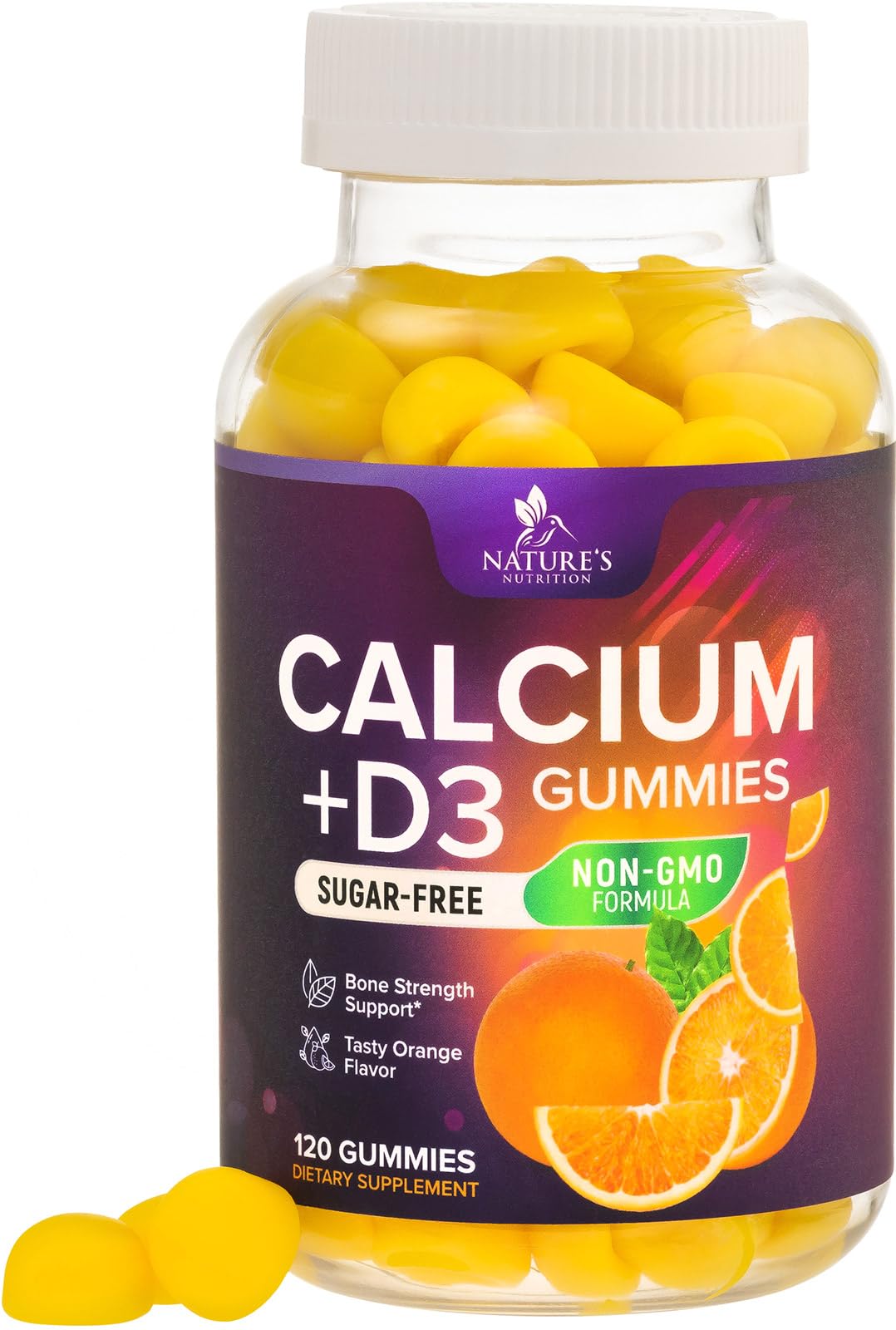Sugar Free Calcium Gummy Bites Plus 400 IU Vitamin D3, Bone Health & Immune Support - Chewable Calcium Nutrition Supplement, Non-GMO, Orange Flavor Chews - 120 Gummies