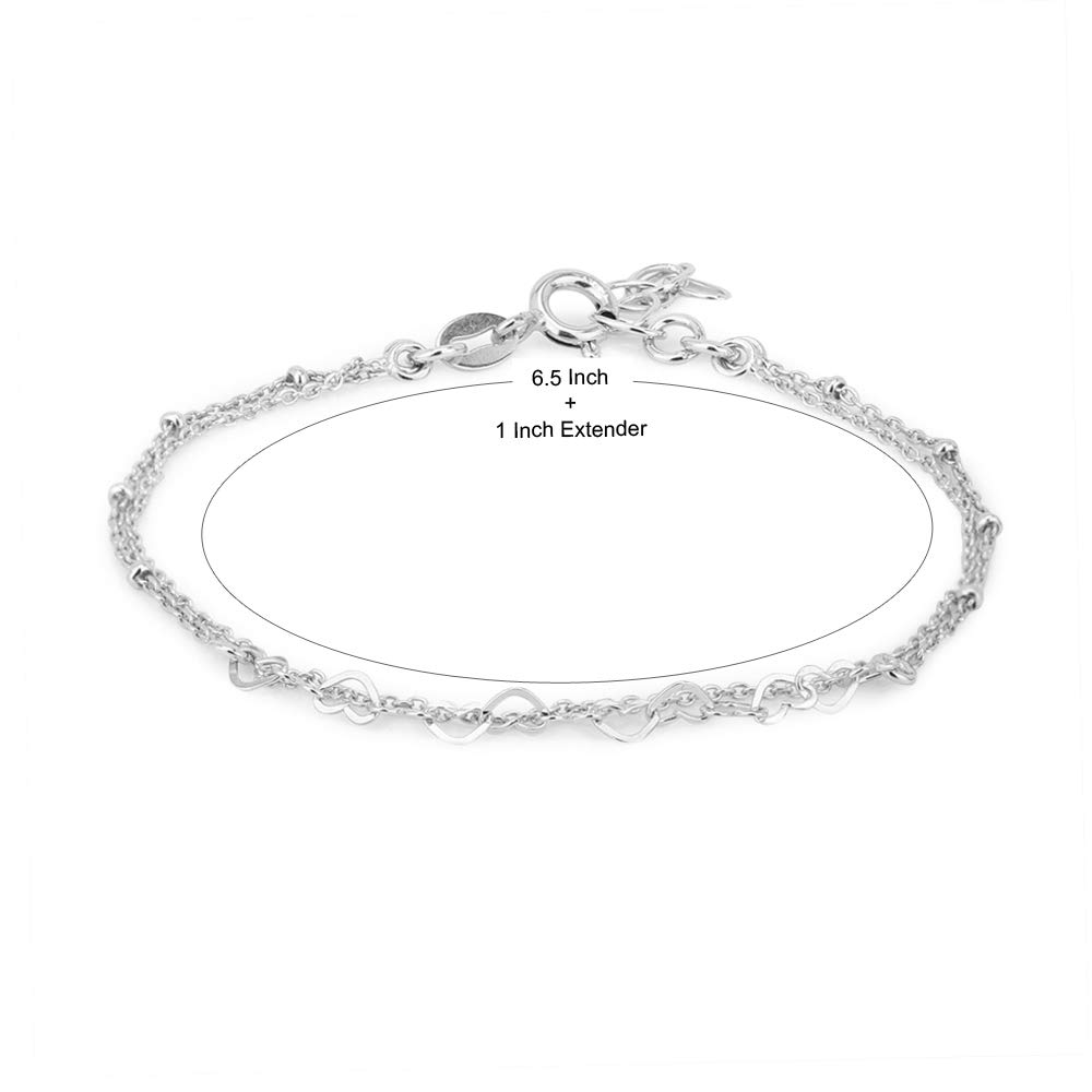 Vanbelle Sterling Silver Jewelry - Rhodium Plated with 925 Stamp - Interlinked Hearts Charm Bracelet - Elegant Handcrafted with Multi Chain for Women - 6.5" long + 1" extender
