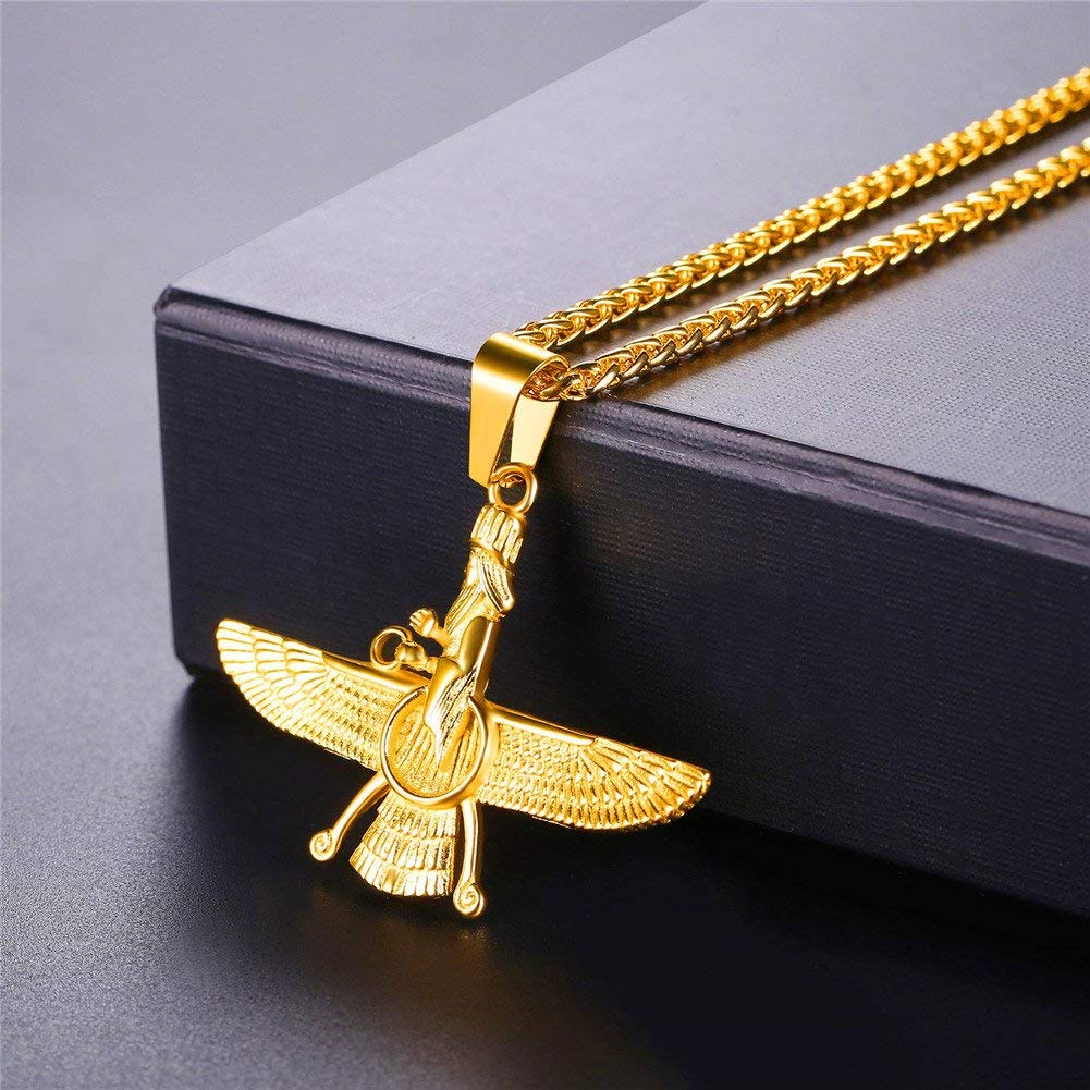 U7 Farvahar Pendant with Chain 18K Gold Plated Symbol of Iran Persian Gift Necklace