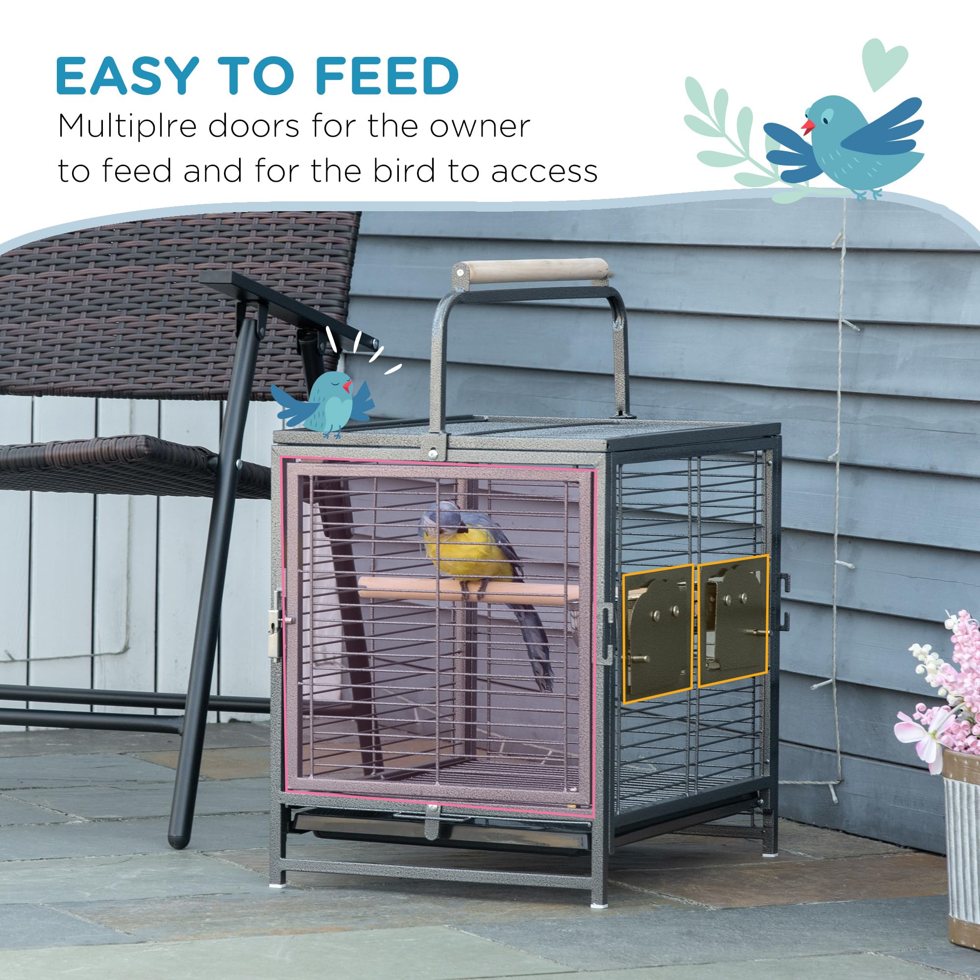 PawHut 18" Heavy Duty Wrought Iron Travel Bird Cage Carrier with Handle Perch and Accessories - Black