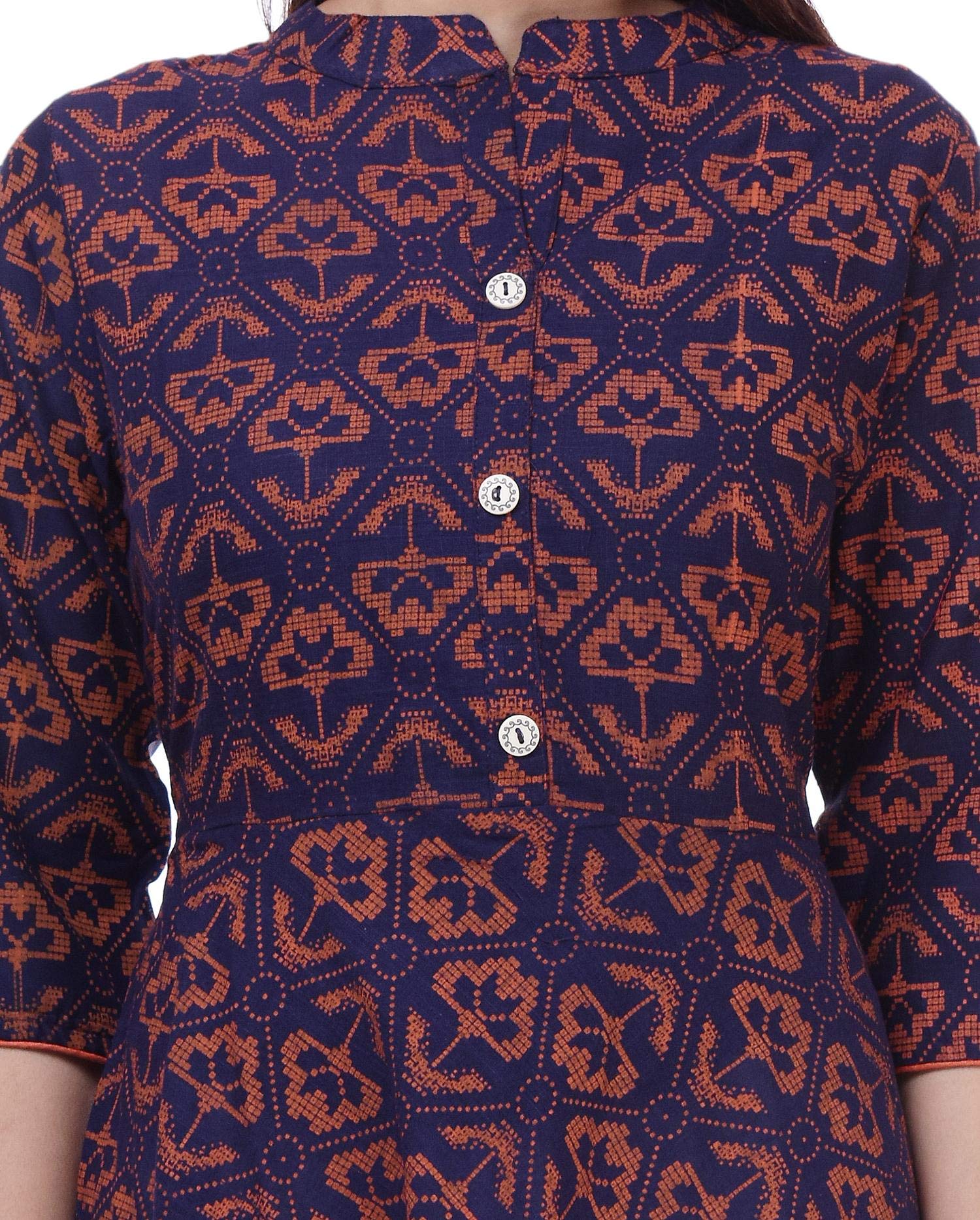 Ramkudi Indian Women's Printed Cotton Kurti Top (Blue-Brown)