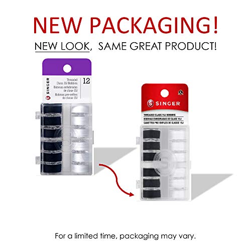 SINGER Class 15J Threaded Bobbins in Case, 12-Count, Black & White