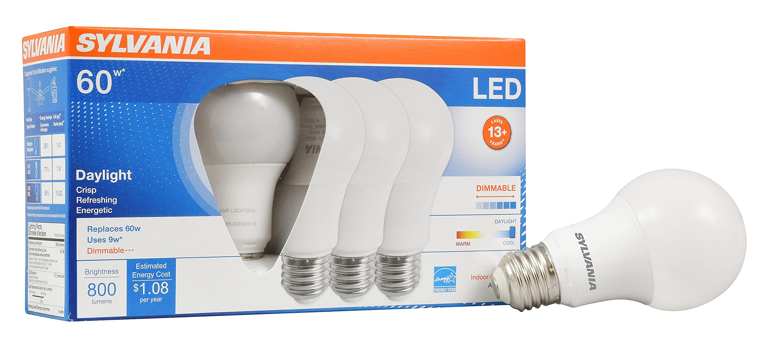 SYLVANIA Ultra LED A19 Light Bulb, 60W Equivalent, Efficient 9W, 13 Year, 800 Lumens, Dimmable, Clear, Medium Base, 5000K, Daylight - 4 Pack (78040)