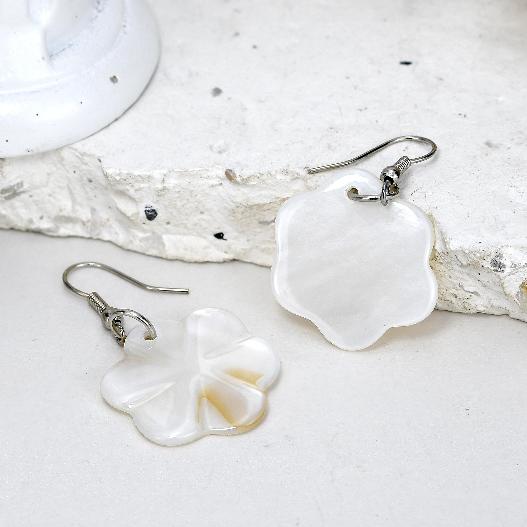 Tropical Plumeria Flower White Kabibe Shell Dangle Earrings