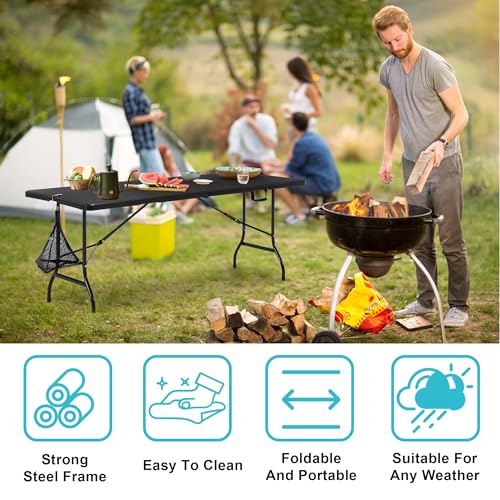 VECELO 6Ft Plastic Folding Table Heavy Duty Indoor Outdoor Portable Picnic Foldable Desk with Handle Mesh Trash Bag&Lock Legs for Camping, Dining&Party,Black