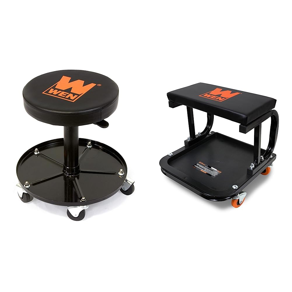 WEN Pneumatic Rolling Mechanic Stools with Padded Seats and Storage