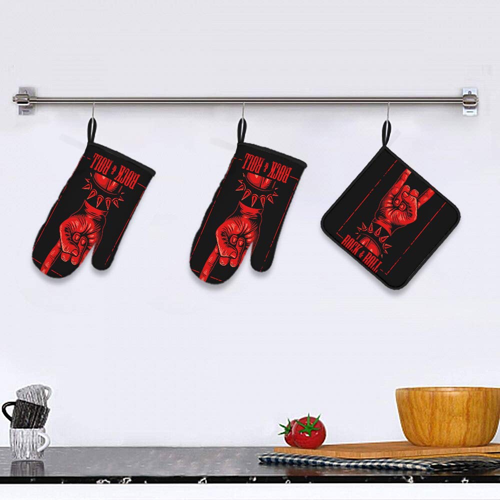 Swono Rock Oven Mitts and Pot Holders Sets,Abstract Red Hand in Rock N Roll Sign Heat Resistant 3 Pcs for Safe BBQ Cooking Baking Grilling