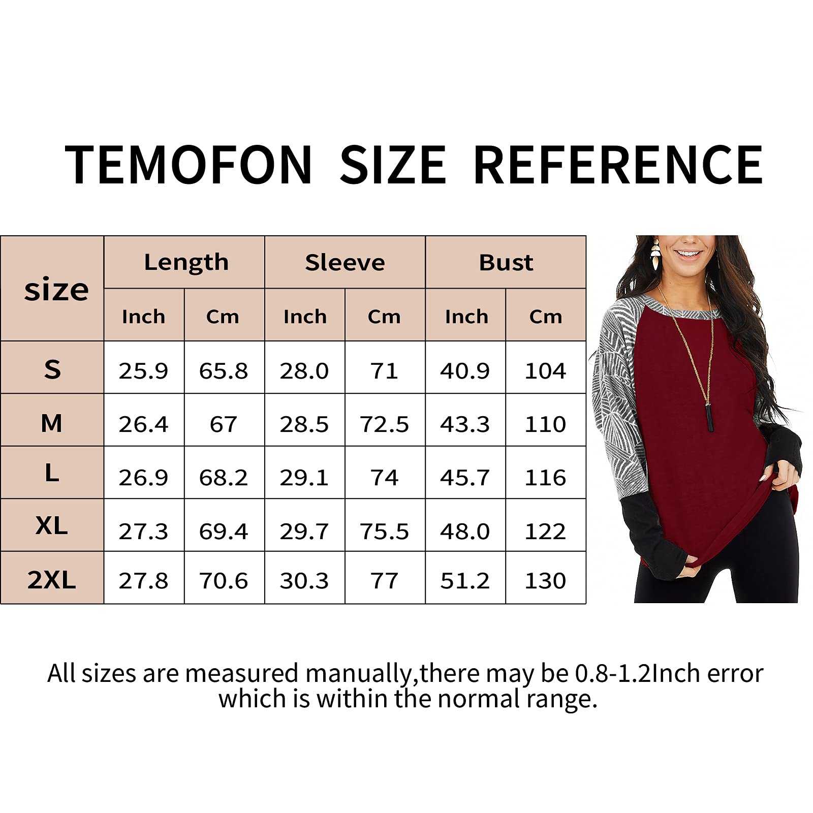 TEMOFON Women's Long Sleeve Tops Color Block Striped Loose Casual Tunics Shirts Pullover Wine Red 2XL