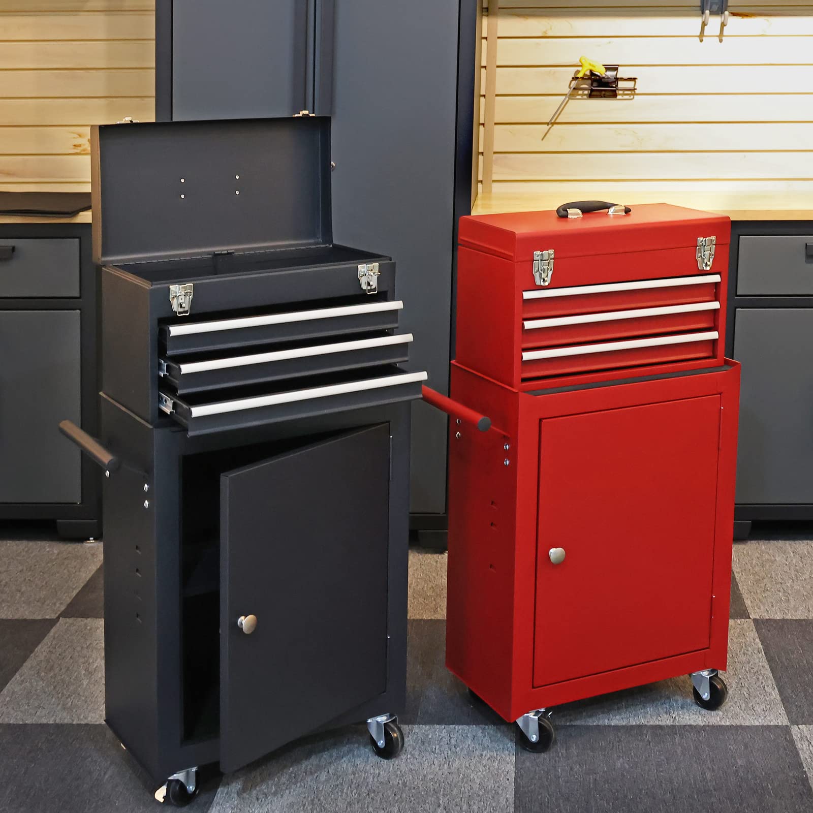 TORIN APTB134B Torin Rolling Garage Workshop Tool Organizer: Detachable 3 Drawer Tool Chest with Large Storage Cabinet and Adjustable Shelf, Black