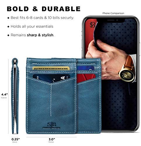 SERMAN BRANDS RFID Blocking Wallet Slim Bifold - Genuine Leather Minimalist Front Pocket Wallets for Men with Money Clip Gift (Arctic Blue Rogue)