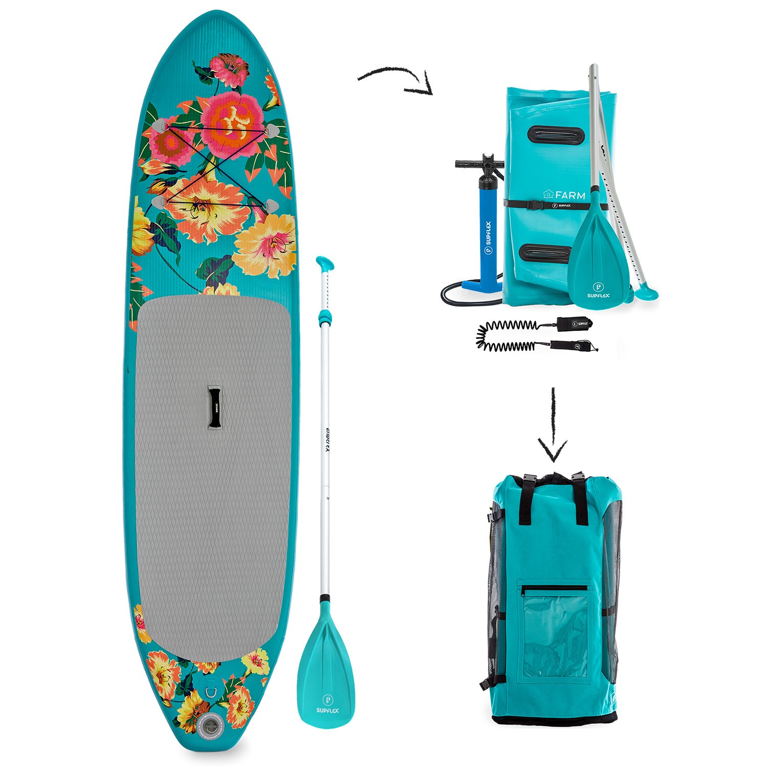 Supflex iSUP 10" Flowery Edition Inflatable Stand Up Paddle Board Package - Board, HP, Bag, Paddle & Free Leash