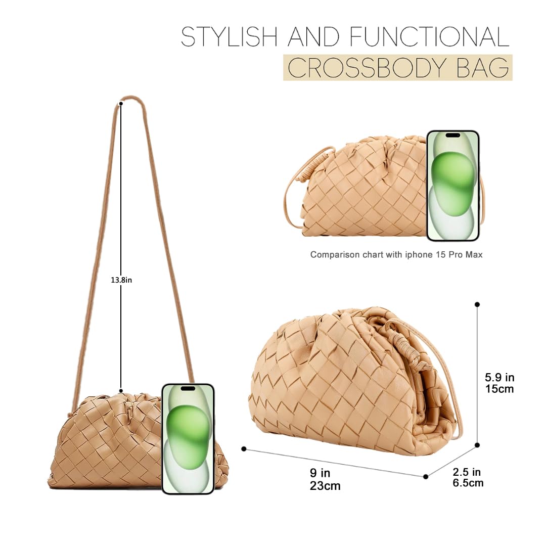 SUMICH Crossbody Purse for Women Quilted Clutch Handbag Dumpling Bag Cloud Purse Ruched Bag Handmade Leather Hobo Bag (Khaki)