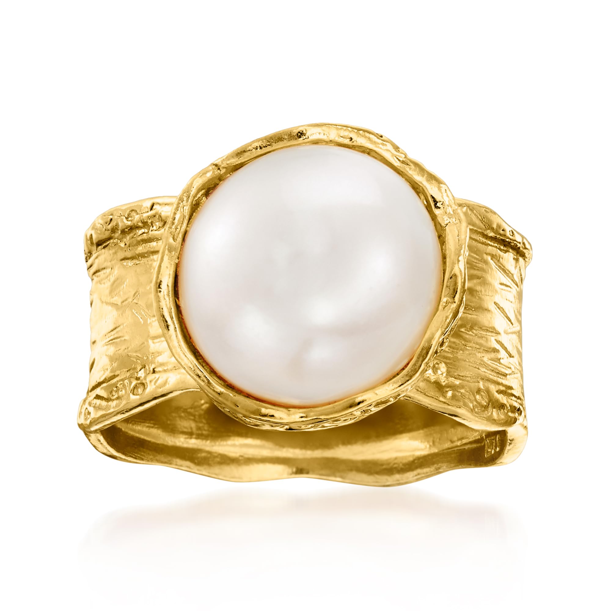 Ross-Simons 11.5-12mm Cultured Button Pearl Ring in 18kt Gold Over Sterling. Size 7