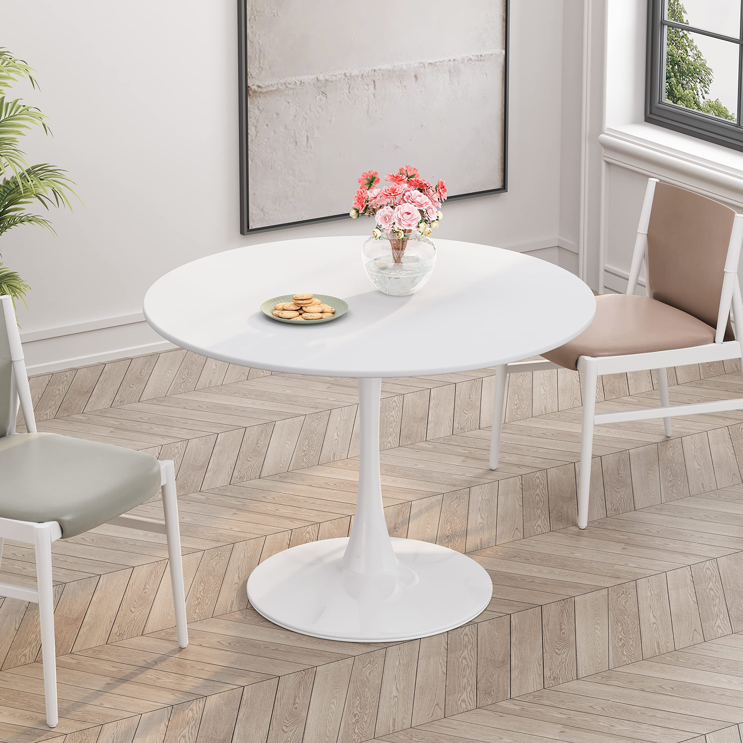 Ufurpie 42" Round Dining Table,Mid-Century White Tulip Table,Metal Base Pedestal Table for 4-6 Person,Easy Assembled End Table Leisure Coffee Table