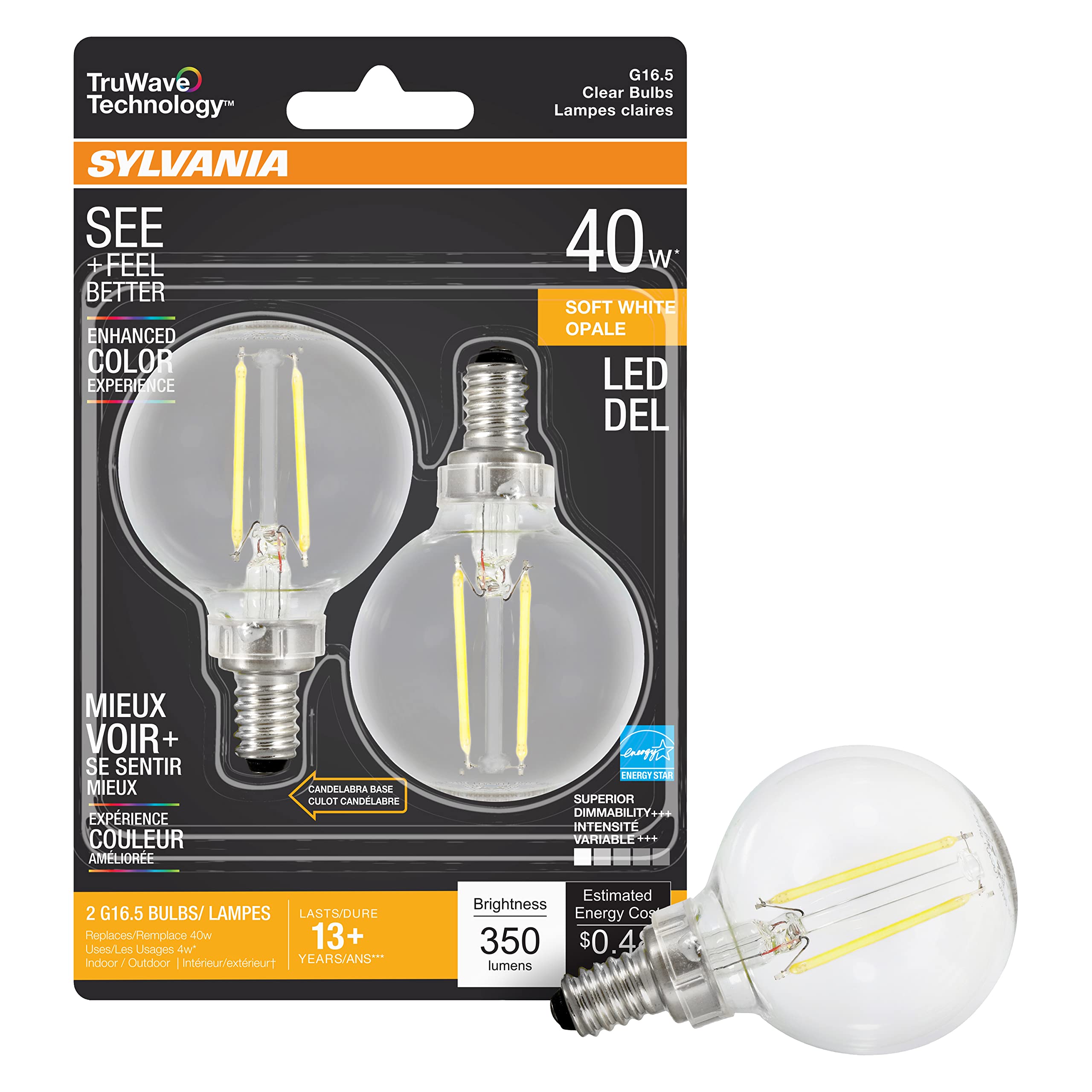 SYLVANIA LED TruWave Natural Series Décor Globe G 16.5 Light Bulb, 40W Equivalent, Efficient 4W, Candelabra Base, Dimmable, 350 Lumens, 2700K, Clear, Soft White - 2 Pack (40784)