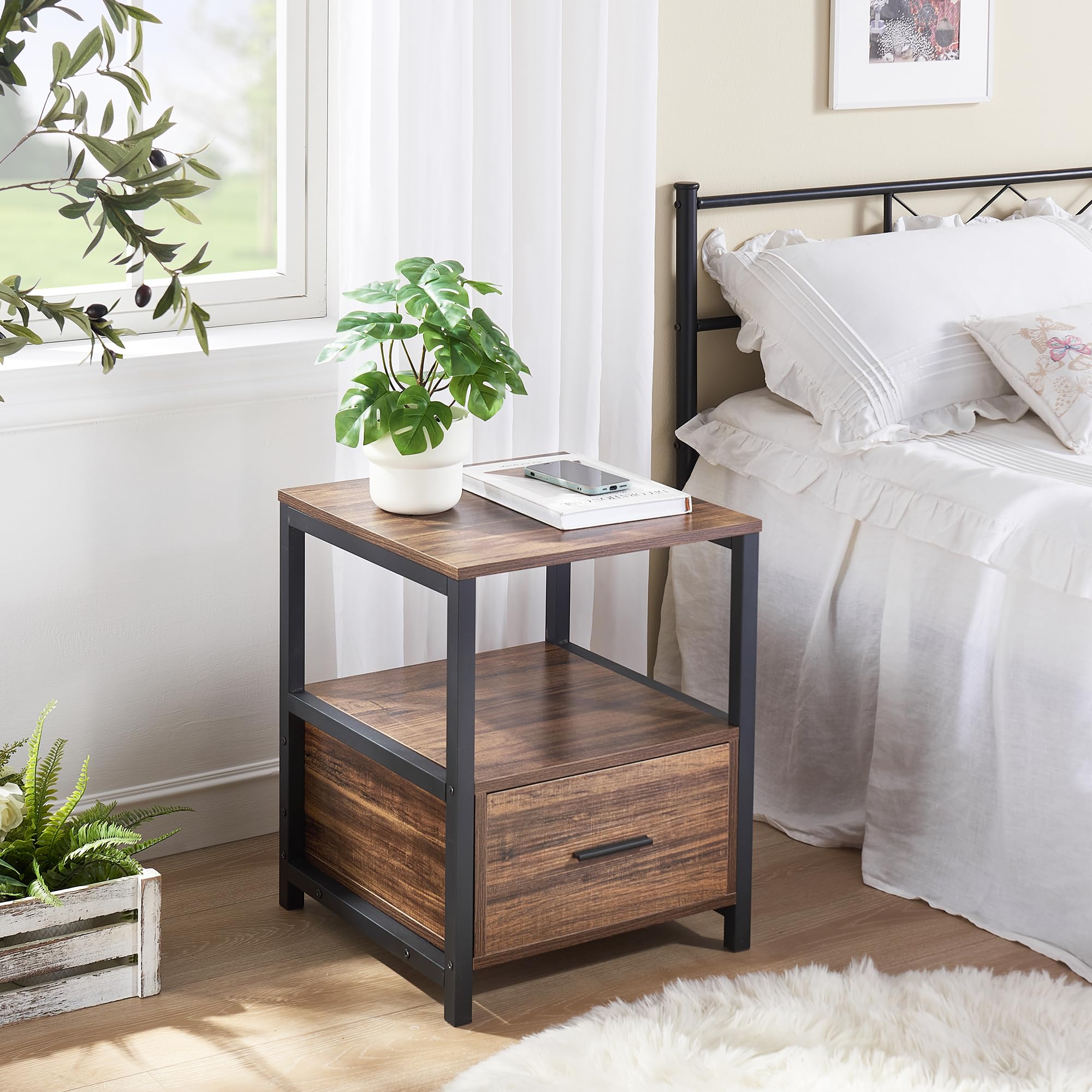 VECELO Nightstand Set of 2 with Wooden Storage Drawer Square Modern Bedside End Tables for Bedroom Living Room, Open Shelf, Industrial Metal Frame, Small Space, 2 Pack, Black