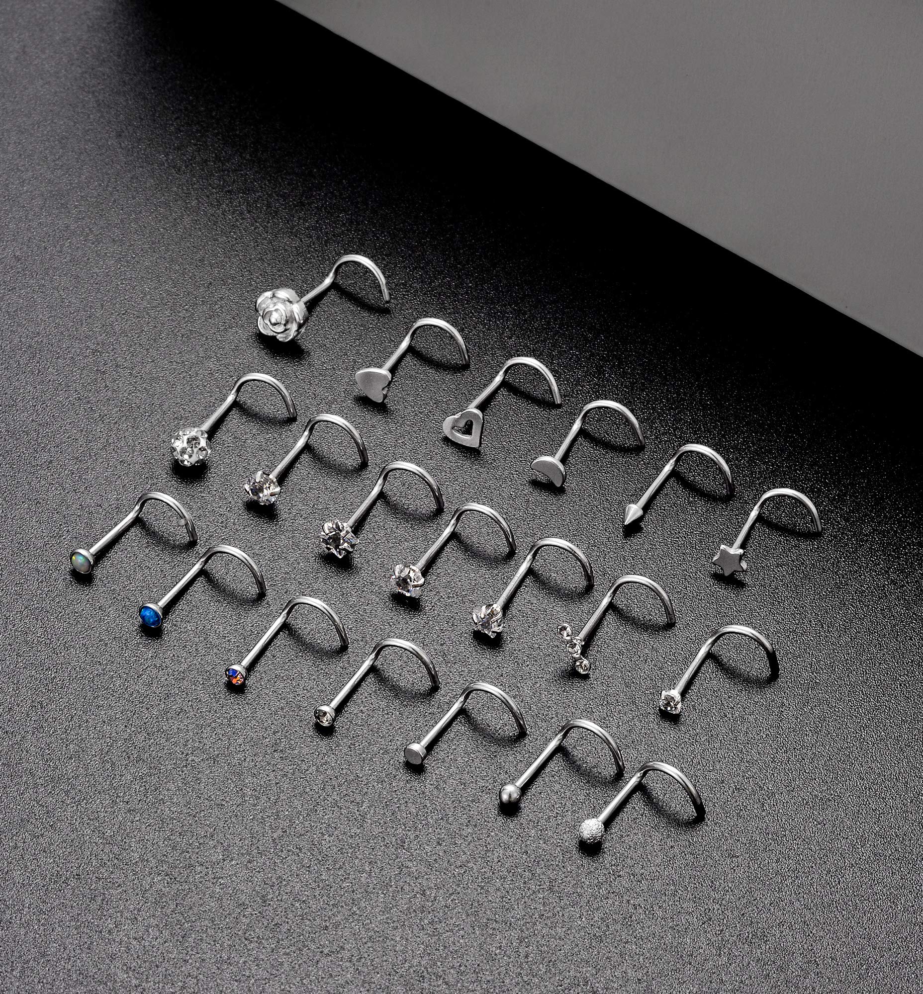 Tornito 20G 20Pcs Nose Ring CZ Nose Stud Retainer Screw Labret Nose Piercing Jewelry Set Stainless Steel Silver Tone