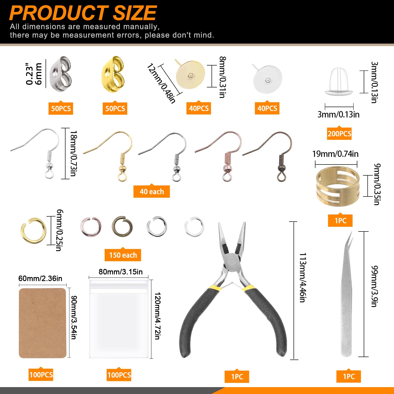 Rustark 1533Pcs Hypoallergenic Earring Making Supplies Kit with Earring Hook, Earring Back, Earring Posts, Jump Ring, Jewelry Pliers, Earring Holder Card, Clear Bag for Jewelry Making Earring Repair