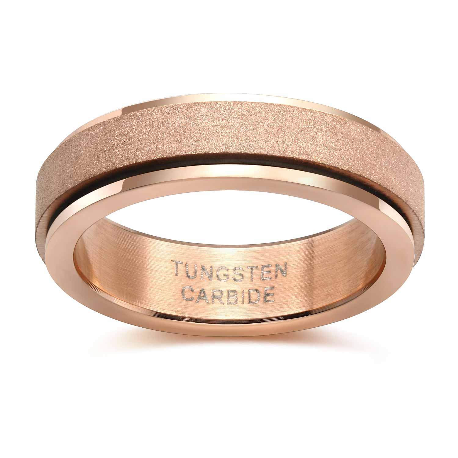 TRUMIUM 6mm Spinner Ring Women Rose Gold Tungsten Carbide and Stainless Steel Sandblasted Wedding Band Size 12