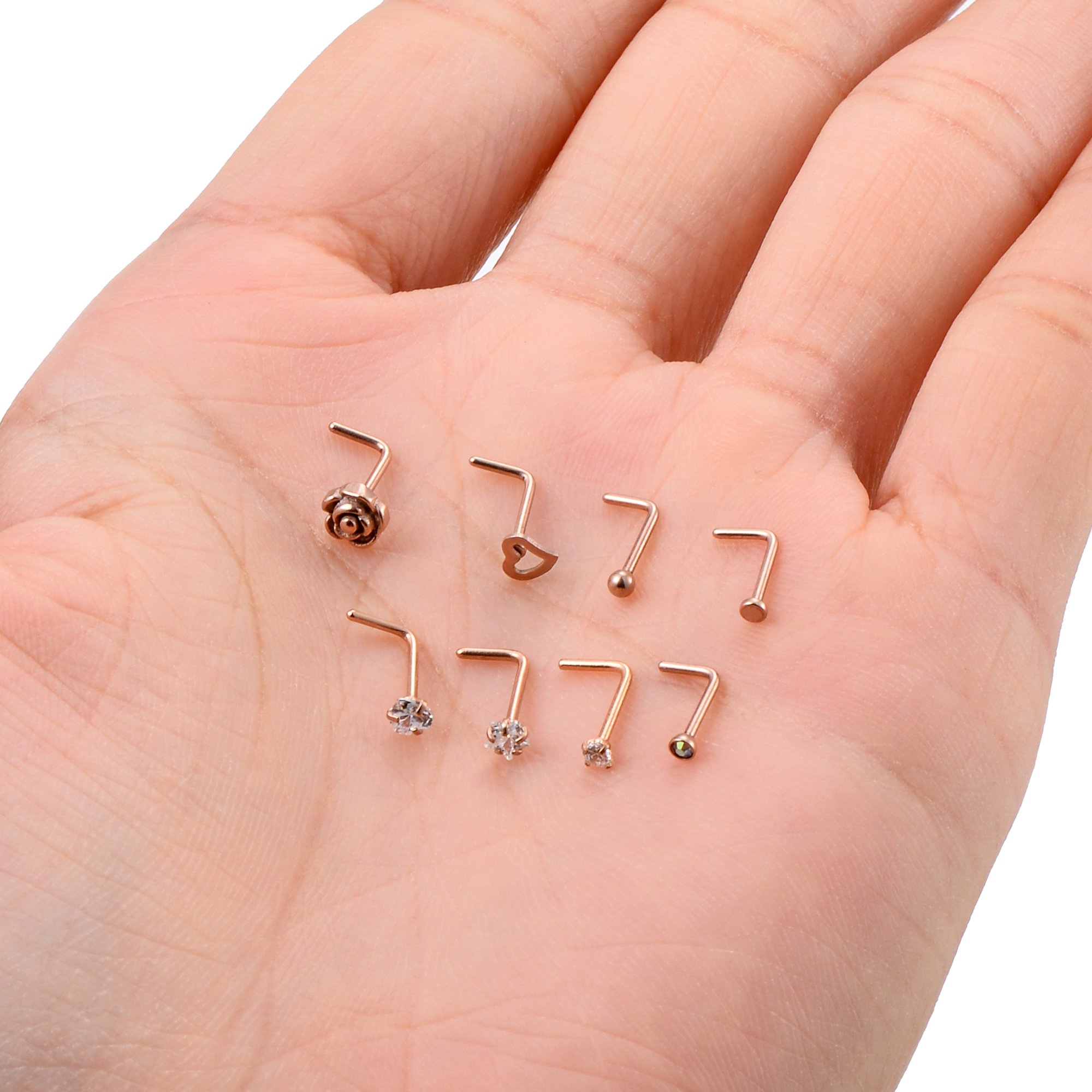 Tornito 20G 8Pcs Stainless Steel L Shaped Nose Ring CZ Nose Stud Retainer Labret Nose Piercing Jewelry