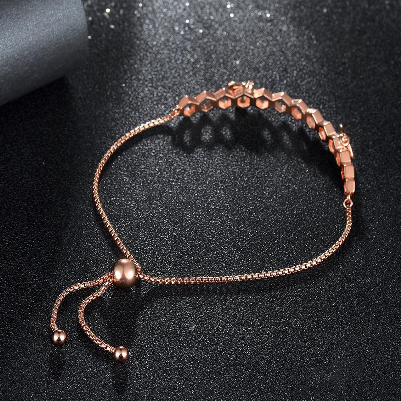 Presentski Bee Honeycomb Bracelet 925 Sterling Silver, Rose Gold Plated Adjustable Jewelry for Women