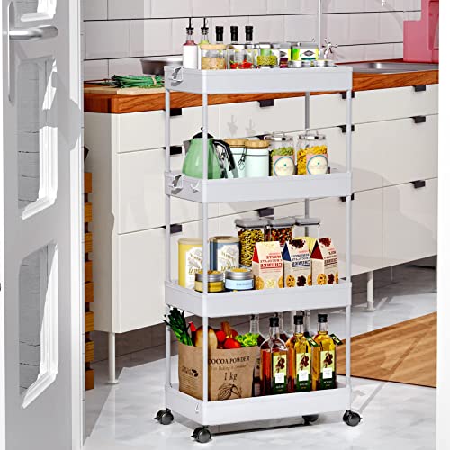 SPACEKEEPER Storage Cart, 4-Tier Mobile Shelving Unit, Bathroom Rolling Cart Utility Storage Organizer Shelf for Kitchen Living Room Bathroom Laundry Room & Dressers, Gray