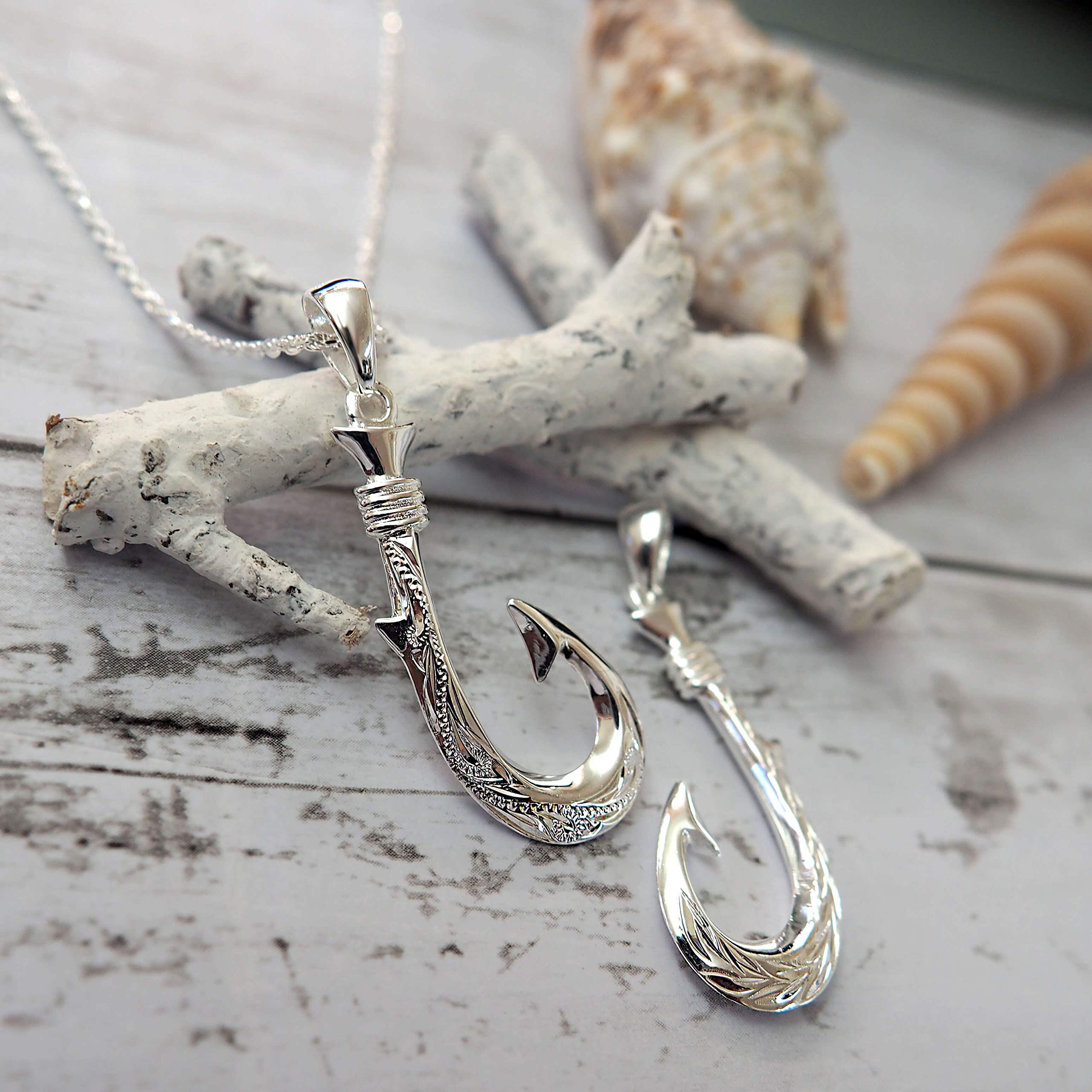 Sterling Silver Hand Engraved Reversible Hawaiian Fish Hook Pendant