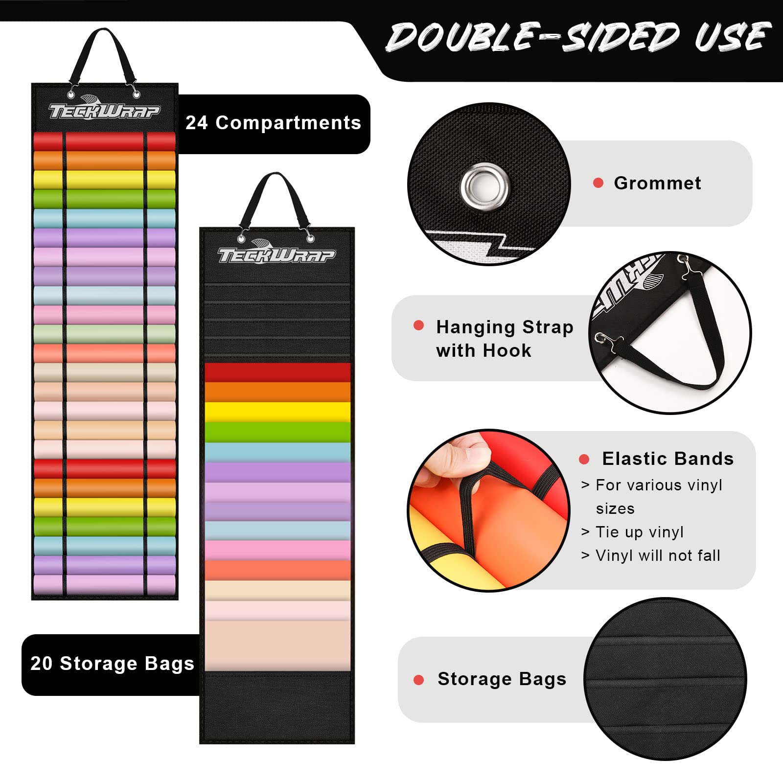 TECKWRAP Vinyl Roll Holder, Vinyl Roll Storage Organizer Black Double-sided Wall-mount with 44 Compartments Craft Vinyl Storage Organizer