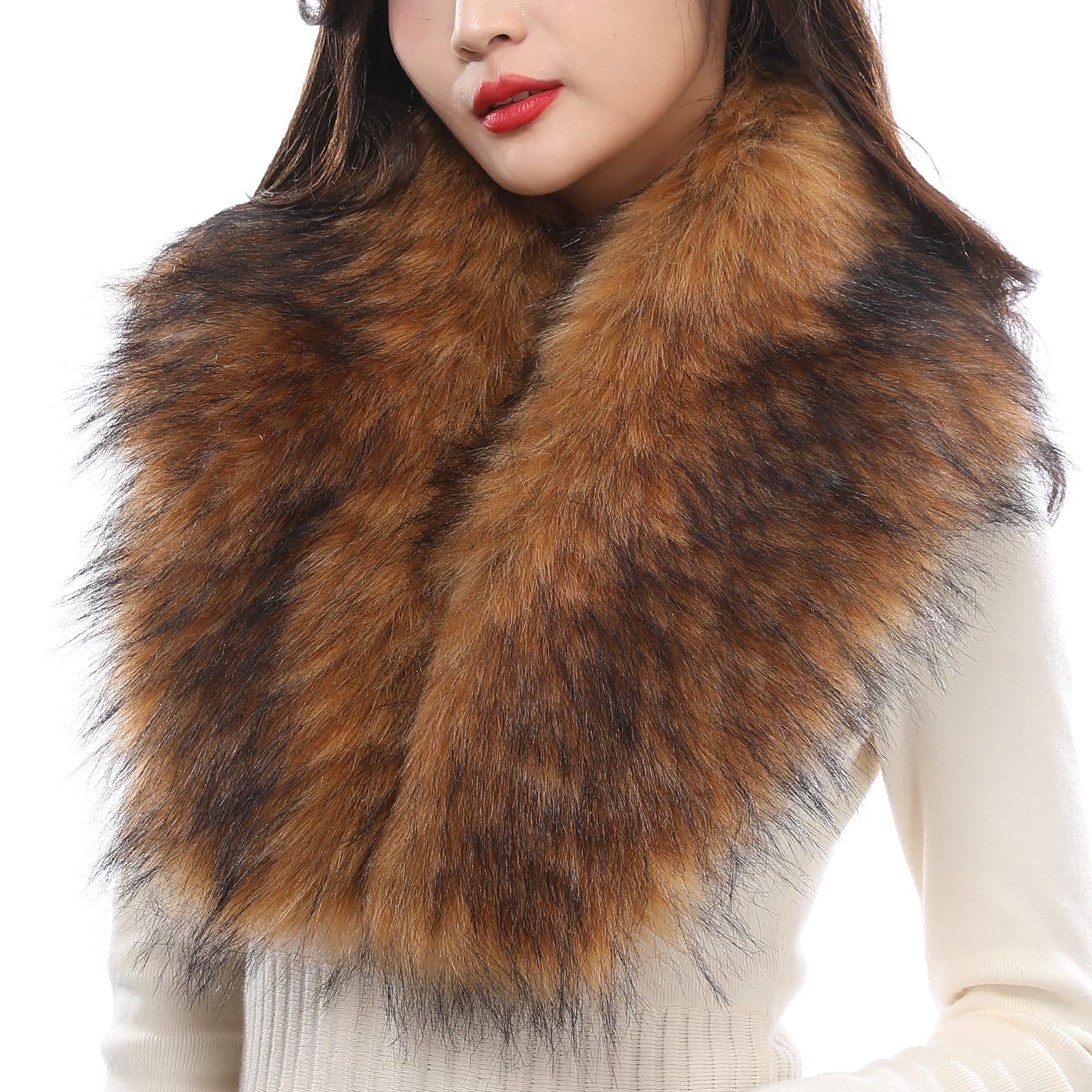 Valpeak Real Fur Collar Women's Fur Shawl Wrap for Party Winter Scarf Neck Warmer for Coat(bROWN)