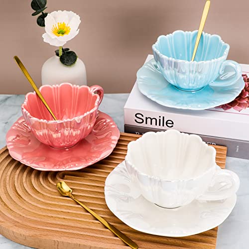 VCXOX Creative Cute Ceramic Coffee Mug with Flower Shape Saucer & Spoon Sets, Novelty Coffee Cup with Comfortable Grip for Office and Home, 8.1 oz/240 ML for Tea Latte Milk Cup (white)