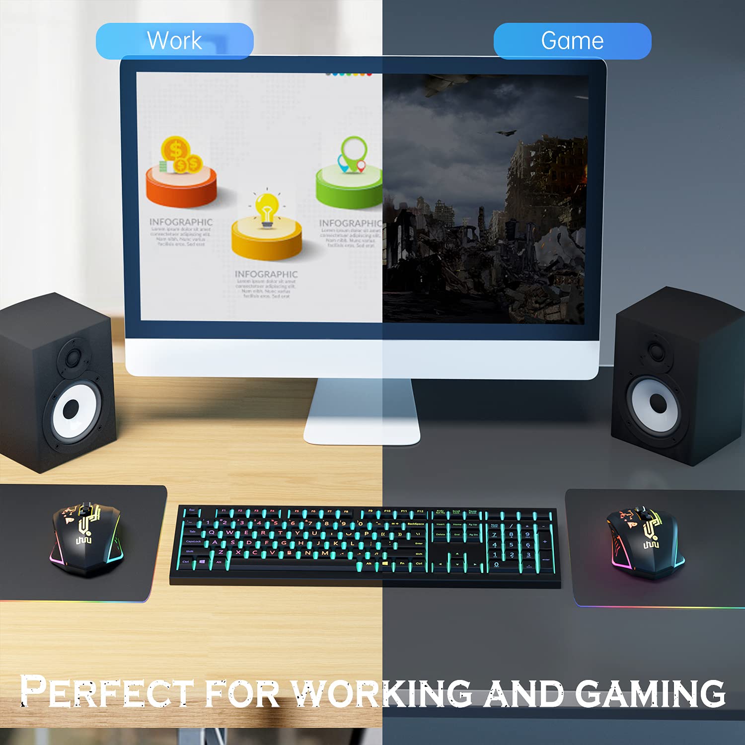 UHURU WM-02Z Wireless Gaming Mouse, 2.4G Wireless Rechargeable Mouse with 6 Programmable Buttons, 5 Adjustable Levels DPI Up to 4800DPI, 7 Colorful LED Lights, Compatible with Notebook, PC, Mac