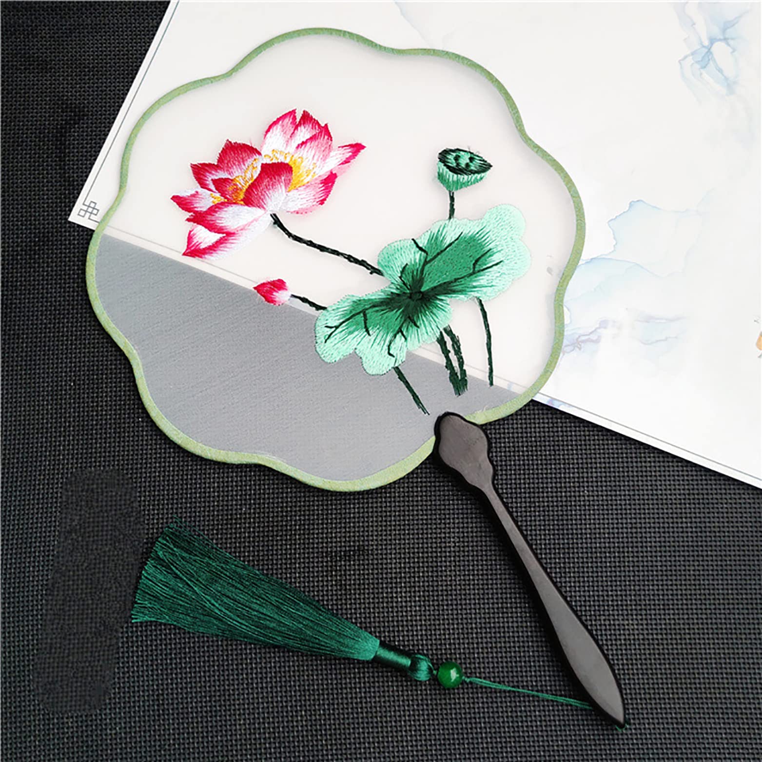 YUELAI Translucent Silk Embroidered Hand Held Fan, Chinese Round Fan, Ancient Hand Fan,Traditional Palace Paddle Dance Fan, Vintage Double-Sided Pattern Fan (C)