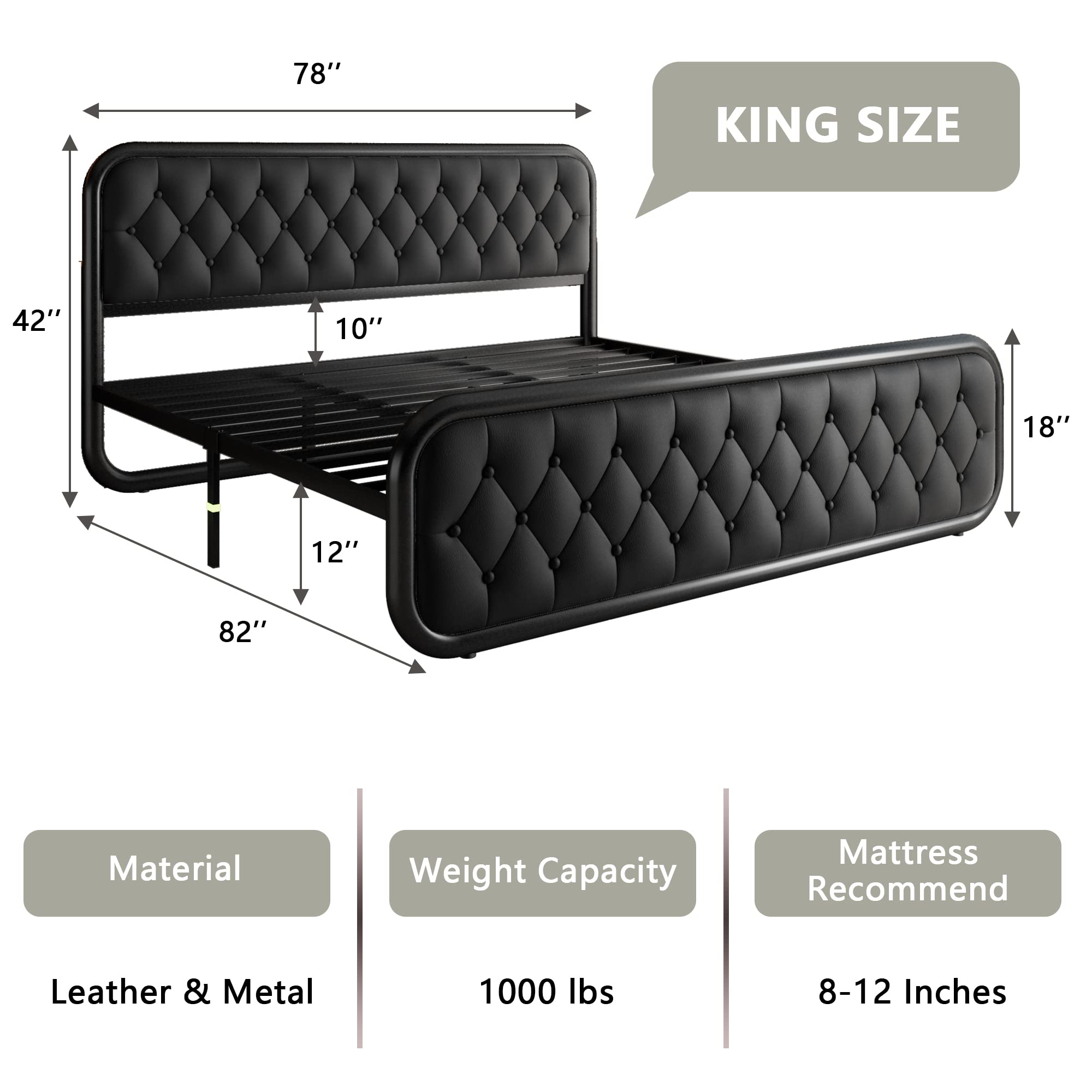 SUMELL King Size Bed Frame - Heavy Duty Bed Frame, Stylish Faux Leather Headboard, Noise-Free and Easy Assembly for The Perfect Night's Sleep (Black)