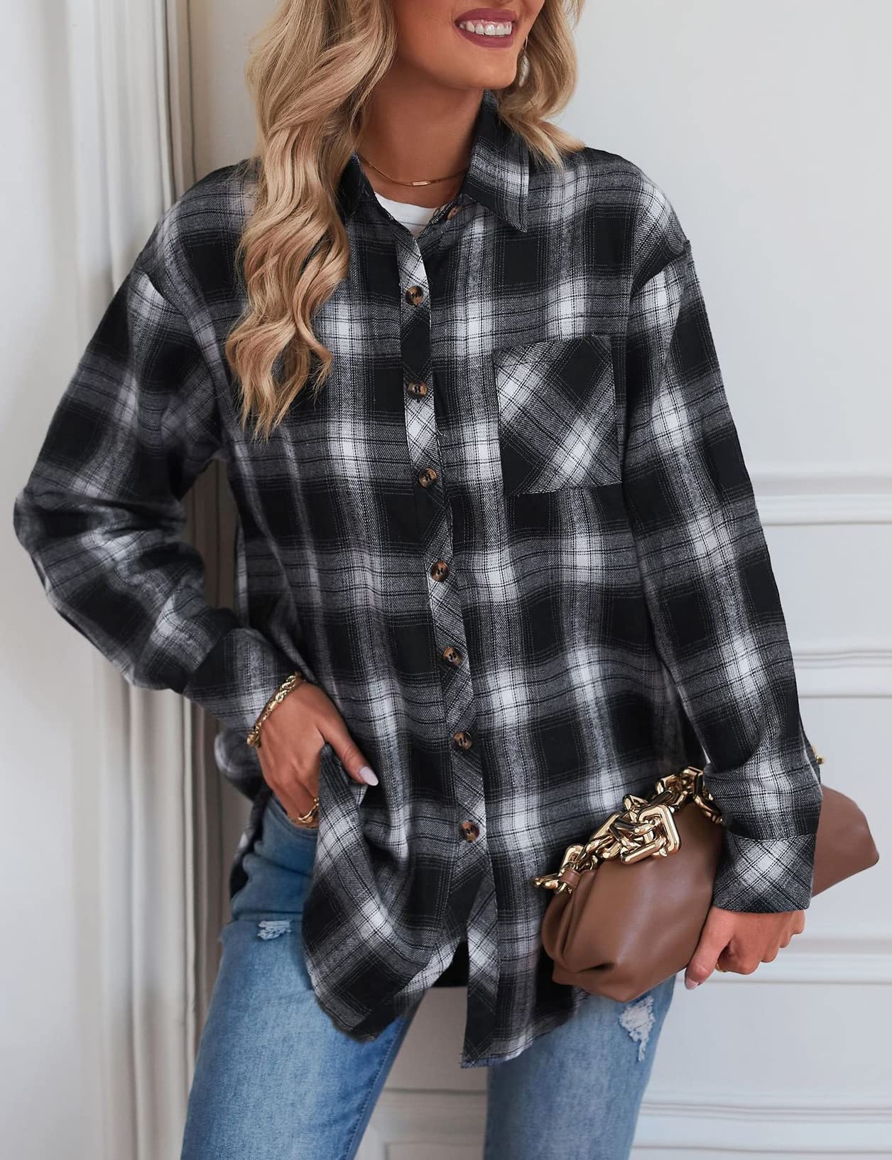 Tiko Miko Flannel Shirts for Women Oversized Plaid Soft Flannel Button Down Shirt Blouses(0001-black-L)