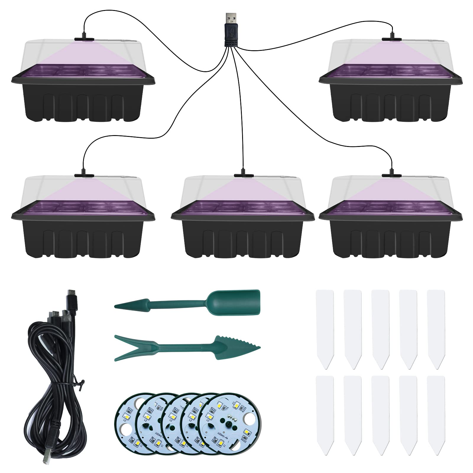 QMCAHCE 5Pack Seed Starter Tray With Grow Light, Greenhouse Mini Plant Seeding Kit 60 Cells Total, Indoor Seed Starter Kit with Adjustable Humidity Dome, Gardening Plant Germination Light Trays(Black)